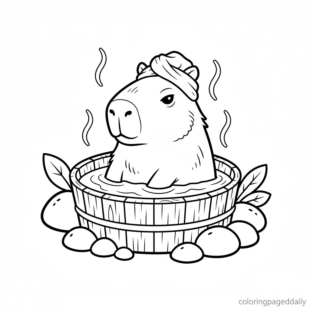 Capybara Hot Spring Bath - Printable Coloring Page