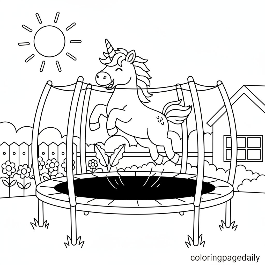 Unicorn Trampoline Fun - Printable Coloring Page