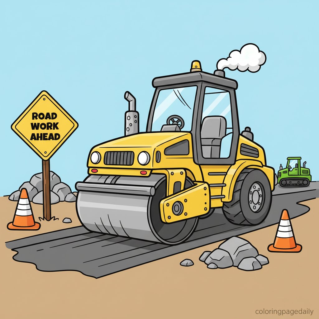 Steamroller At Work - Printable Coloring Page