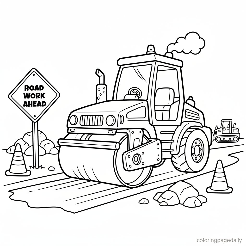 Steamroller At Work - Printable Coloring Page