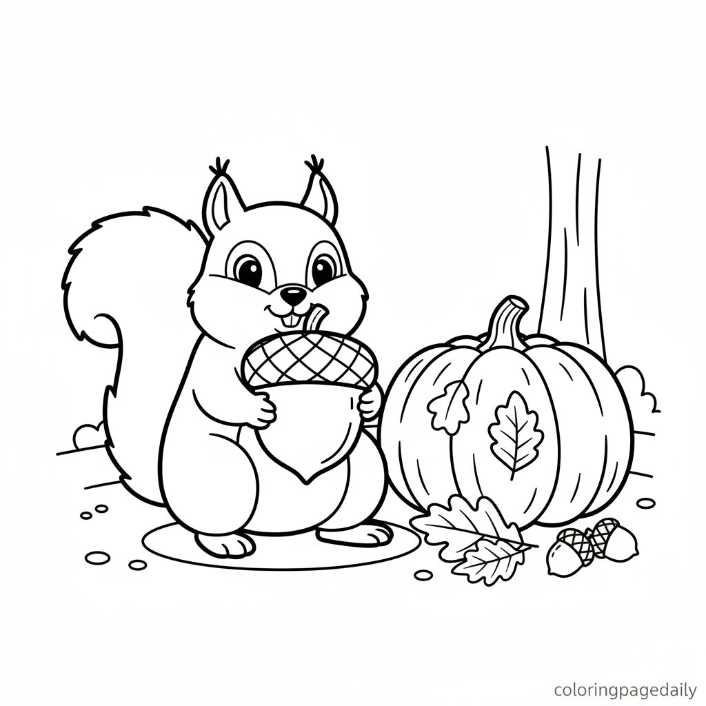 Squirrel Harvest Gathering - Printable Coloring Page