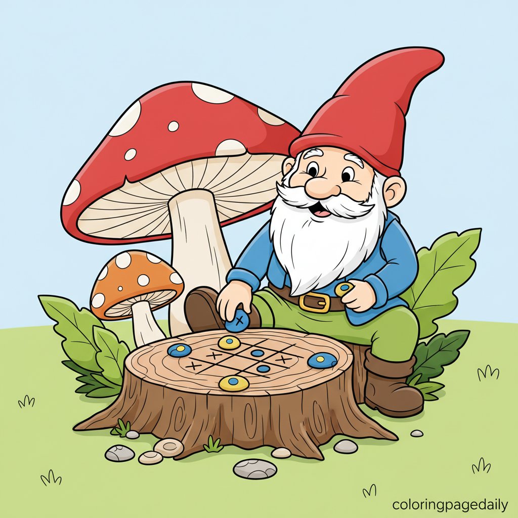 Gnome Playing Tic-Tac-Toe - Printable Coloring Page