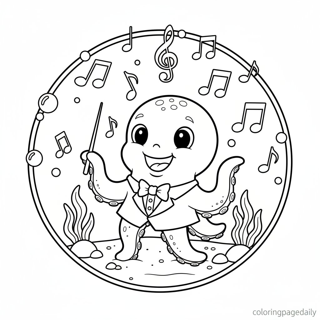 Octopus Conducting Music - Printable Coloring Page