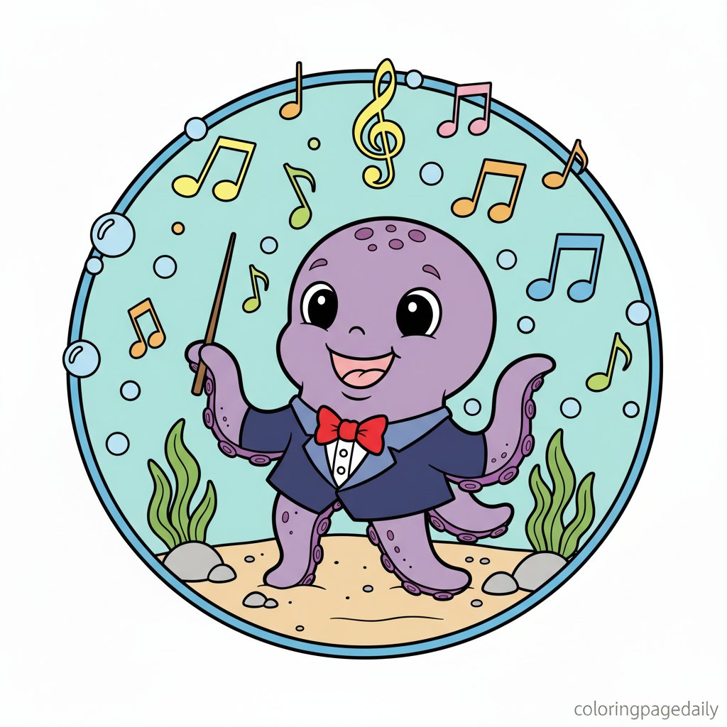Octopus Conducting Music - Printable Coloring Page