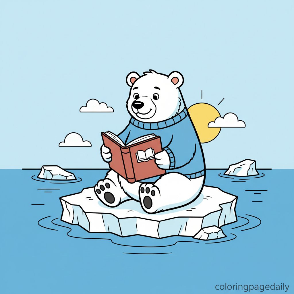 Polar Bear Reading Book - Printable Coloring Page