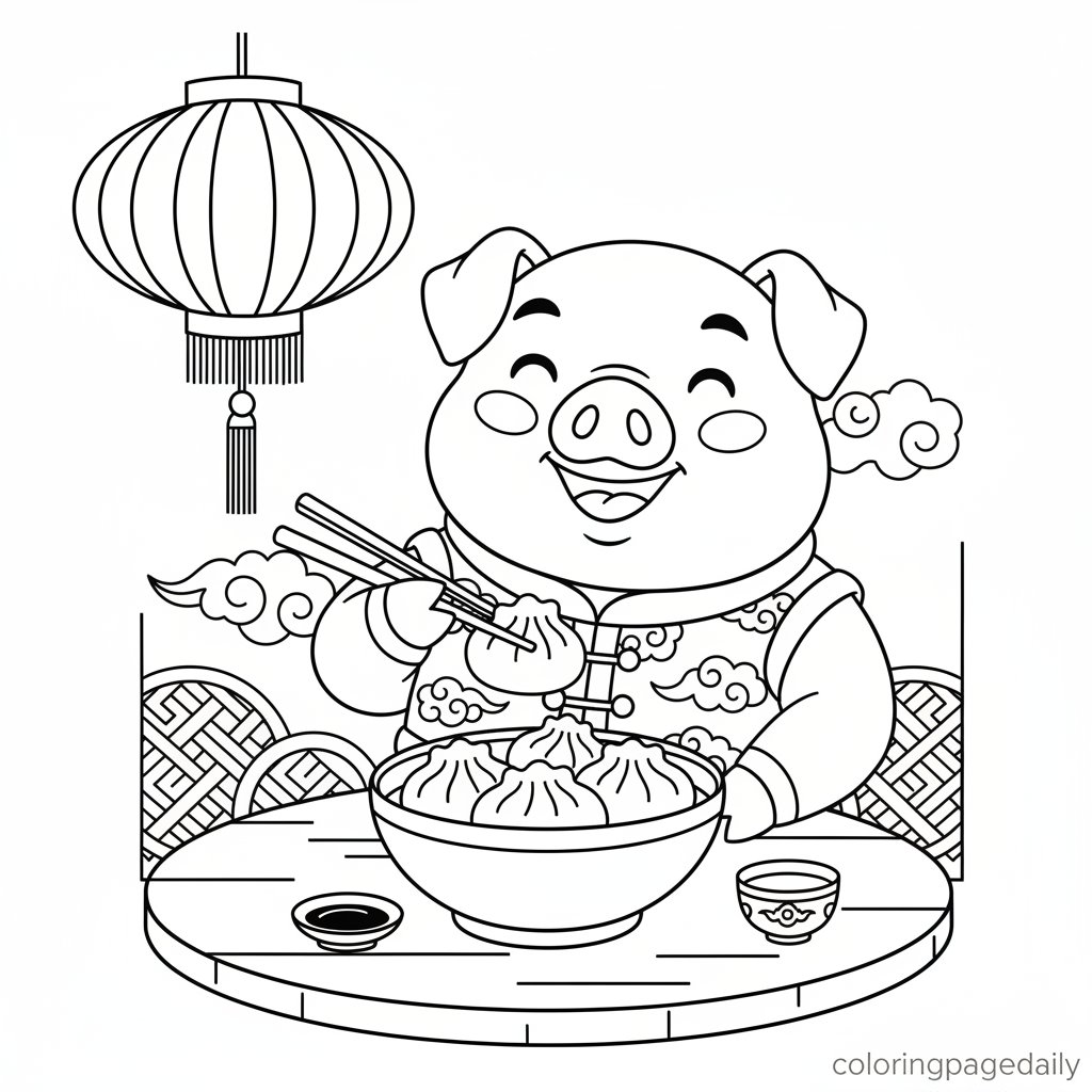 Zodiac Pig Eating Dumplings - Printable Coloring Page