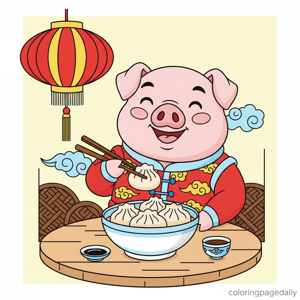 Zodiac Pig Eating Dumplings - Printable Coloring Page