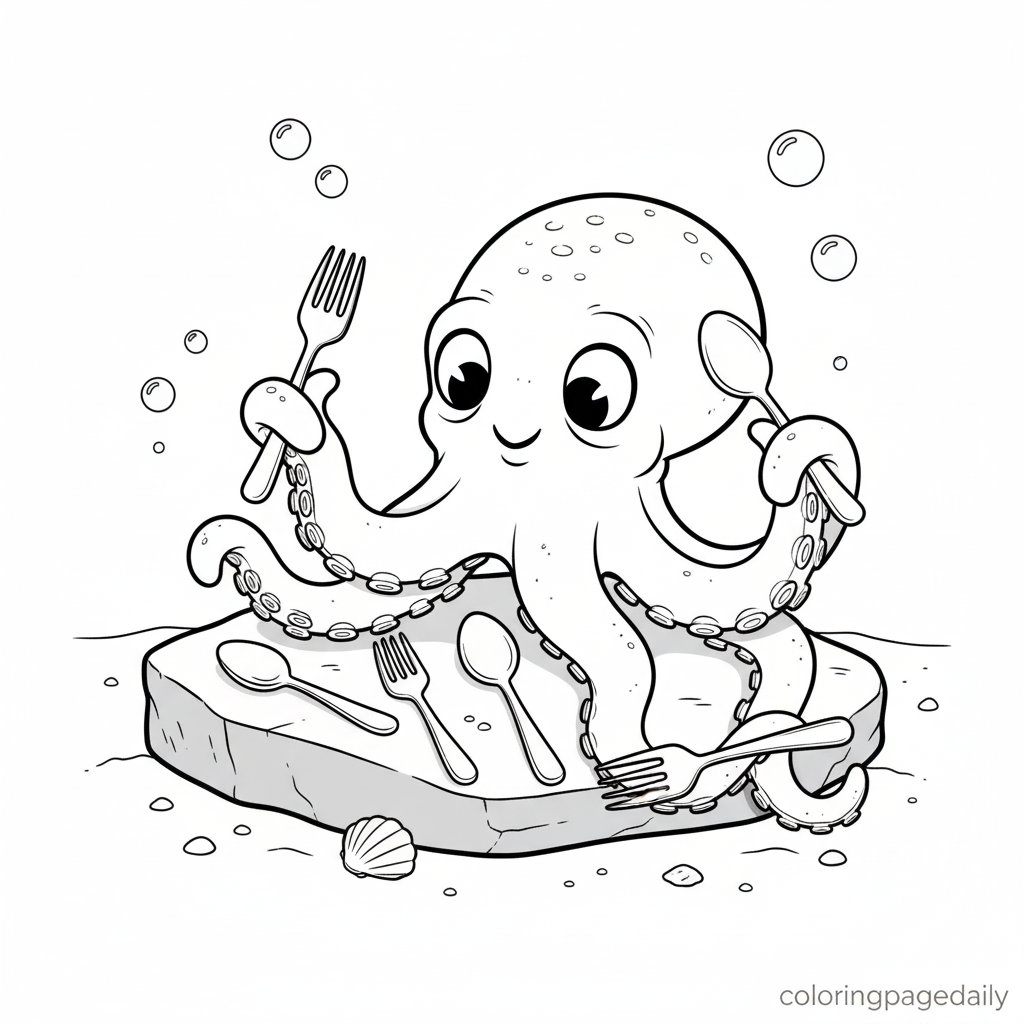 Octopus Organizing Sunken Silverware - Printable Coloring Page