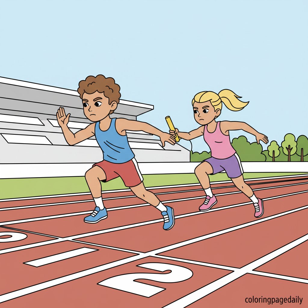 Athletes Passing Relay Baton - Printable Coloring Page