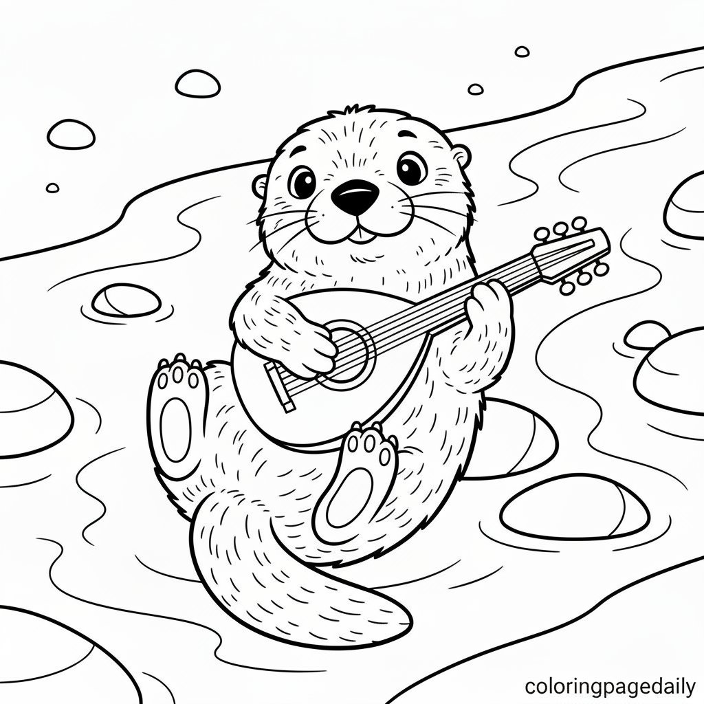 Sea Otter Playing Lute - Printable Coloring Page