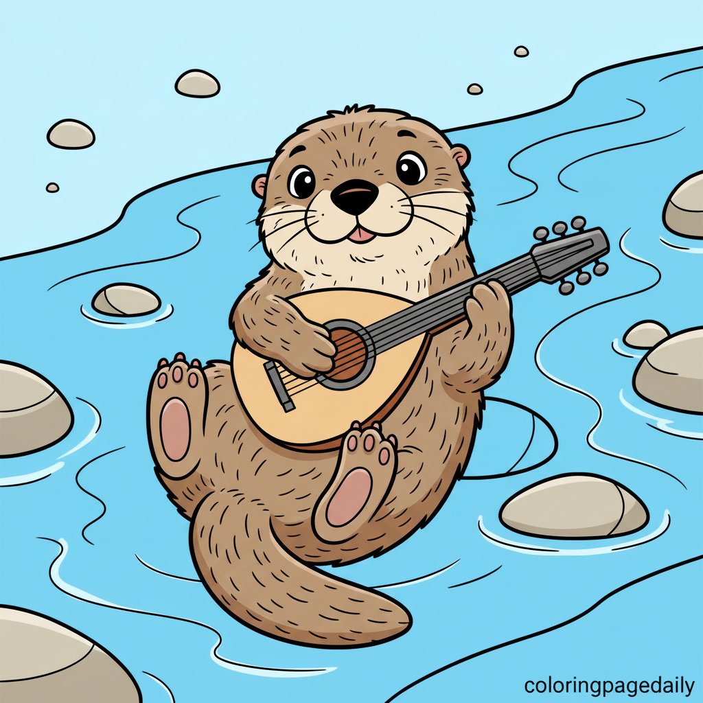 Sea Otter Playing Lute - Printable Coloring Page