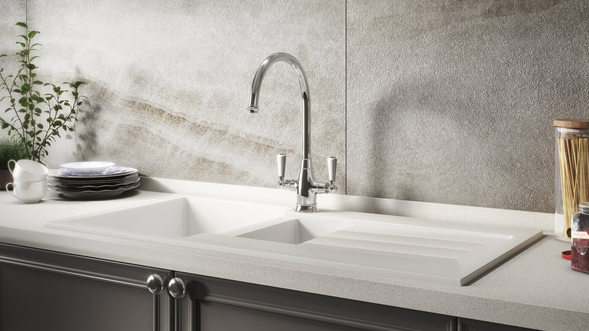 Trebbia Twin Lever Chrome Classic Tap | Worktop Express