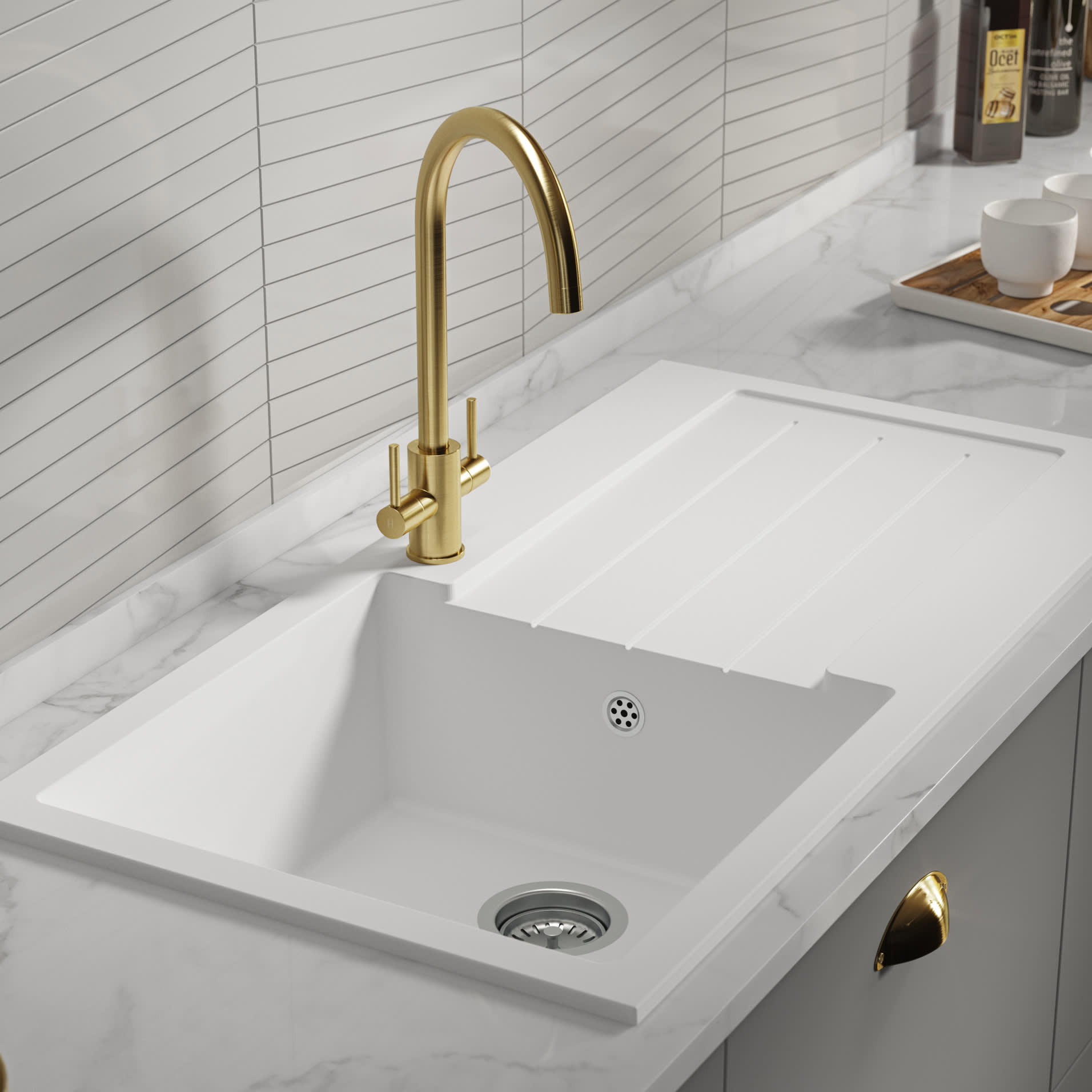 Savio Twin Lever Brushed Brass Tap | Worktop Express