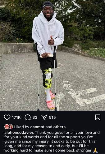 Alphonso Davies Breaks Silence On ACL Injury Amid Bayern Munich-Canada ...