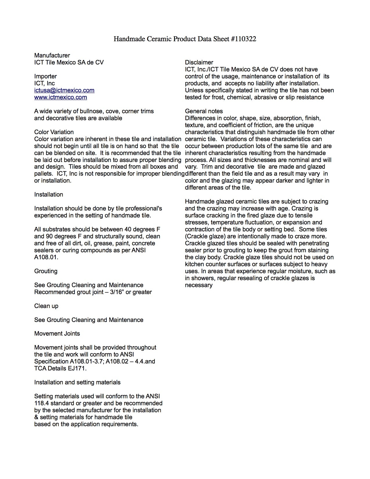 Handmade Ceramic Product Data Sheet | ICT Antico Mexico Handmade ...