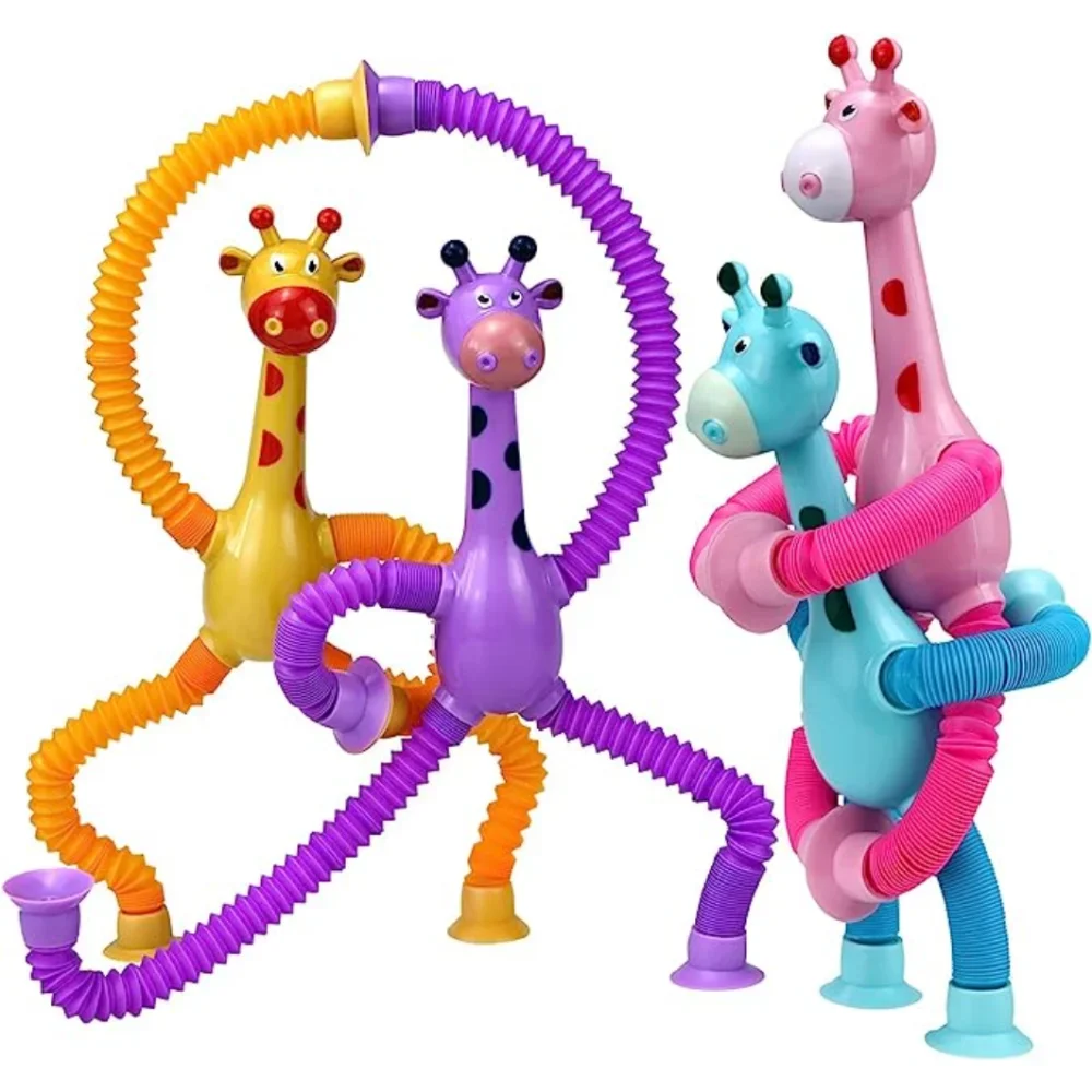 Juego de 4 jirafas flexibles, juguete telescópico de jirafa con ventosa ...