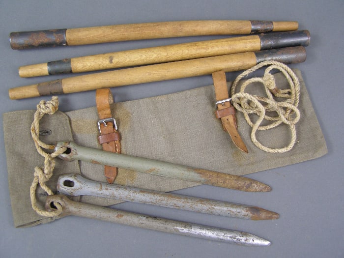 Original German WWI & WWII Zeltbahn Bag Poles Pegs Rope Set