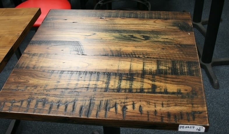 Rustic Flamed Elm Plank Tabletop â€“ Western Saloon Style (Walnut Stain)