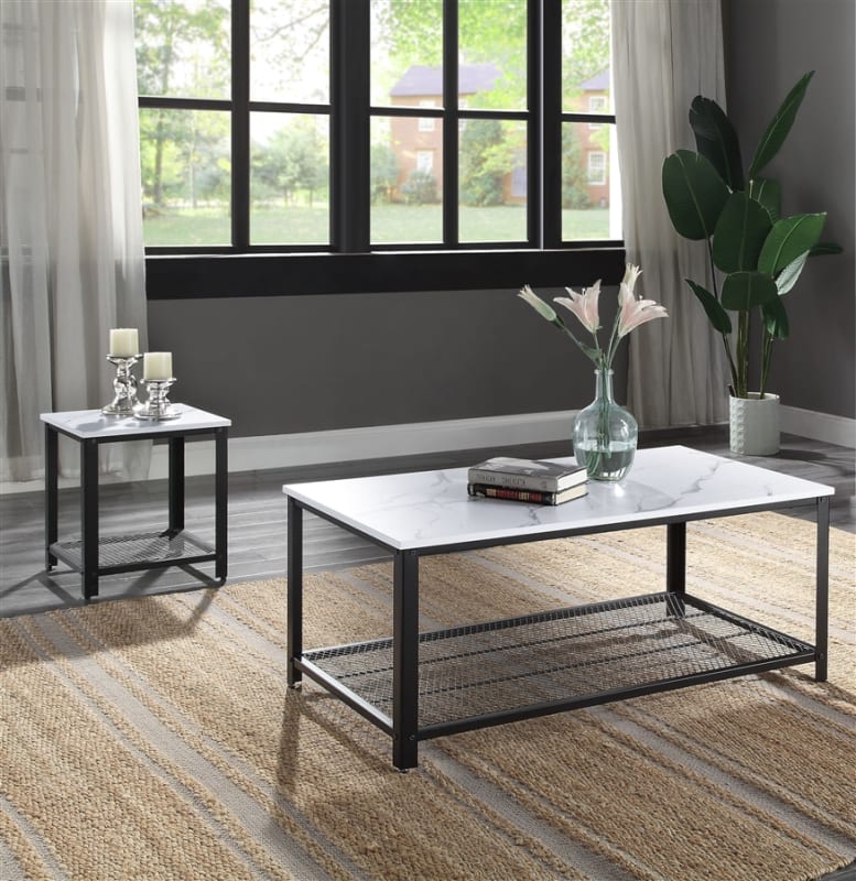 Taurus 3 Piece Occasional Table Set in White Printed Faux Marble & Black Finish by Acme - 83965-S