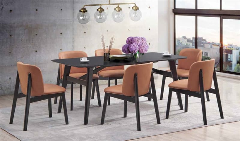 Eliora 7 Piece Dining Room Set in Camel Polish Microfiber & Black Finish by Acme - DN02366