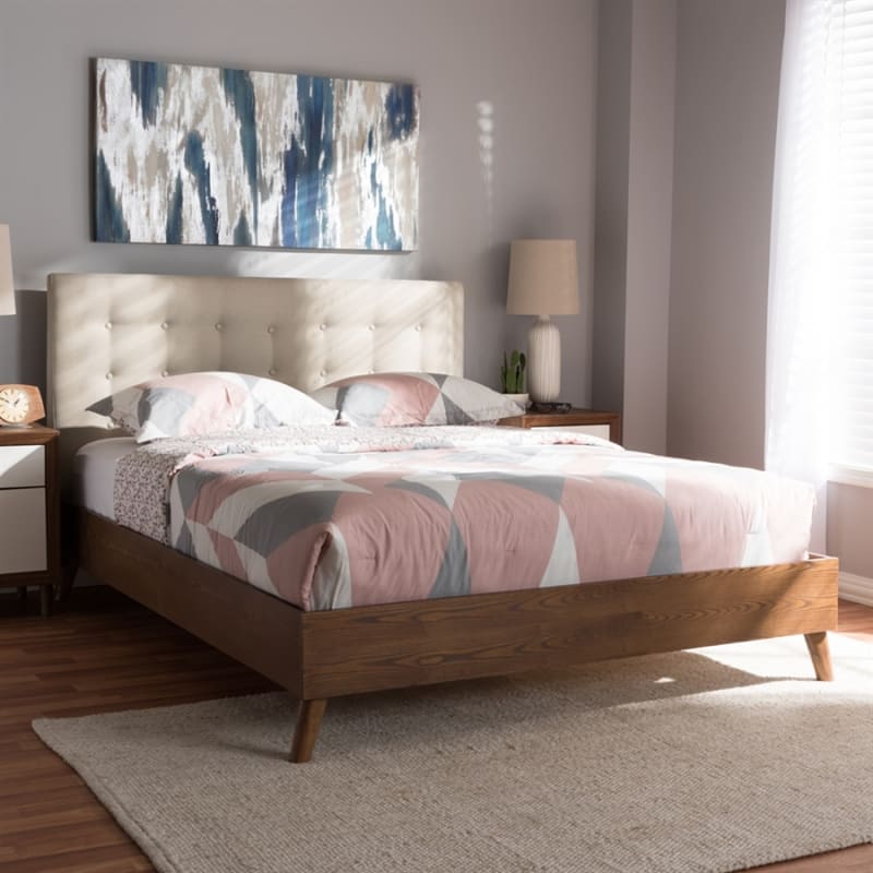 Alinia Platform Bed in Light Beige Fabric and Walnut Finish by Baxton ...
