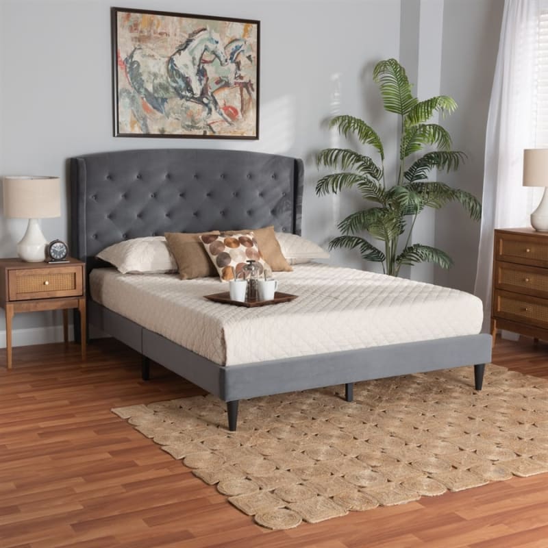 Joanna Platform Bed in Grey Velvet Fabric Finish by Baxton Studio - BAX ...