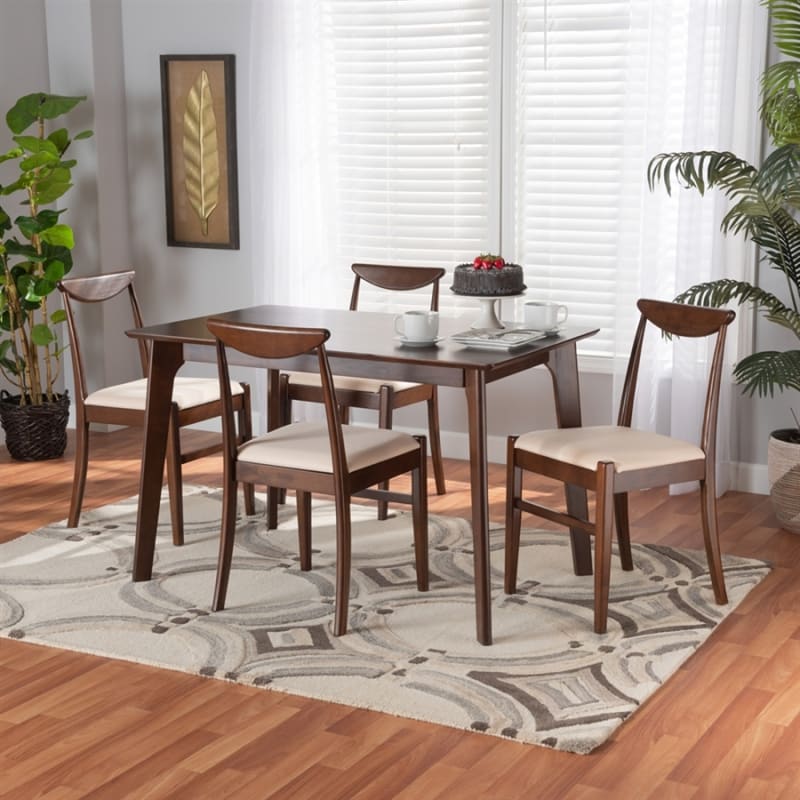Delphina 5 Piece Dining Room Set in Cream Fabric and Dark Brown Finish ...
