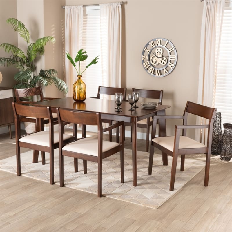 Helene 7 Piece Dining Room Set in Cream Fabric and Dark Brown Finish by ...