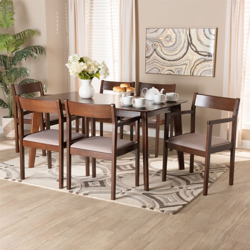 Helene 7 Piece Dining Room Set in Warm Grey Fabric and Dark Brown ...
