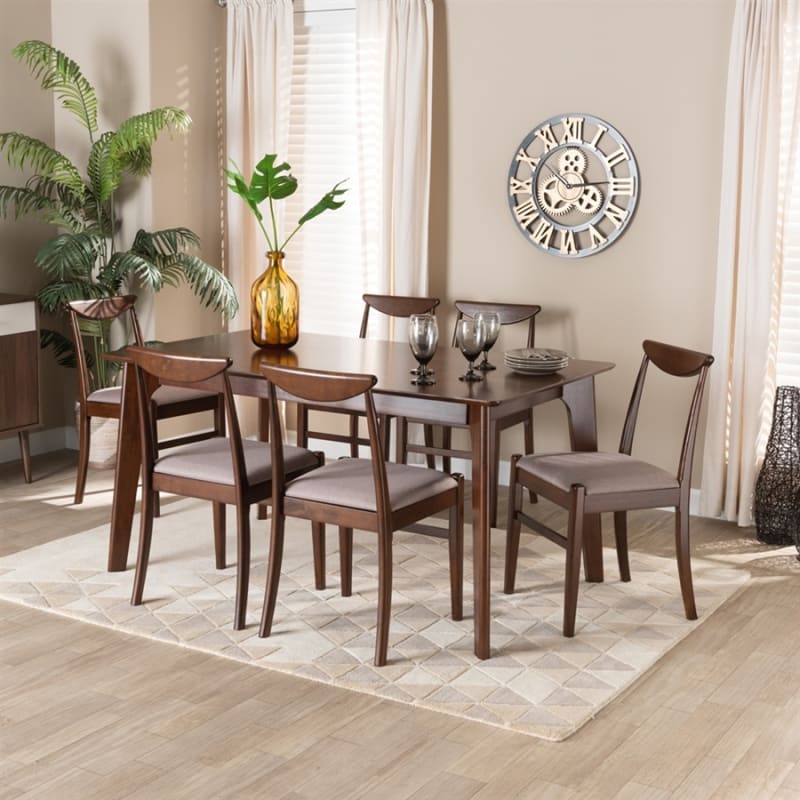 Delphina 7 Piece Dining Room Set in Warm Grey Fabric and Dark Brown ...