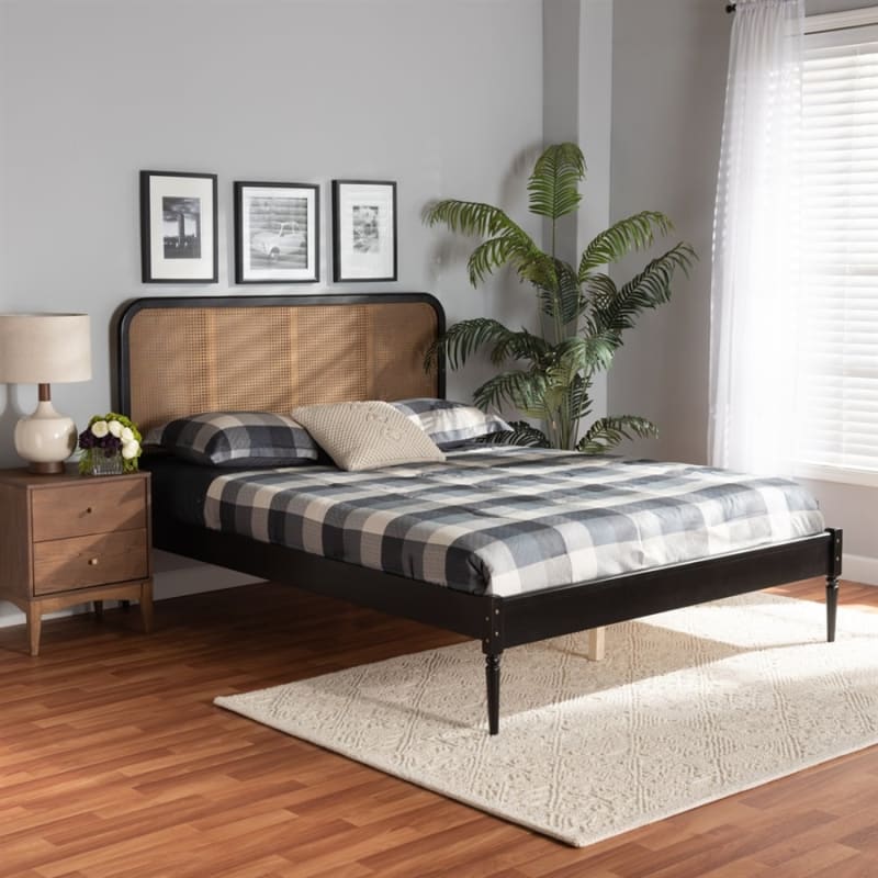 Elston Platform Bed in Charcoal and Synthetic Rattan Finish by Baxton ...