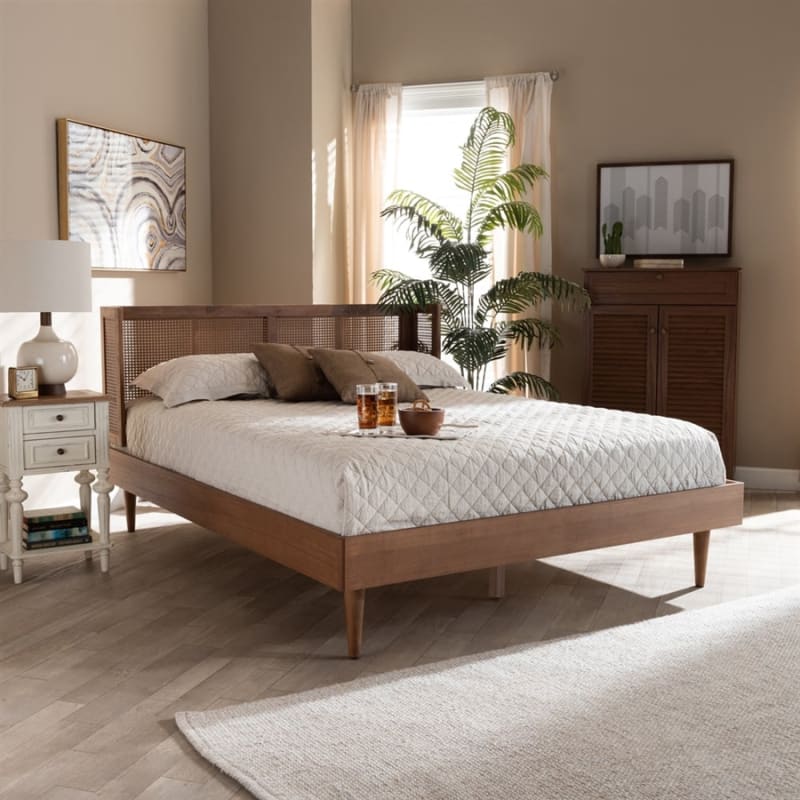Rina Platform Bed in Ash Wanut and Synthetic Rattan Finish by Baxton ...