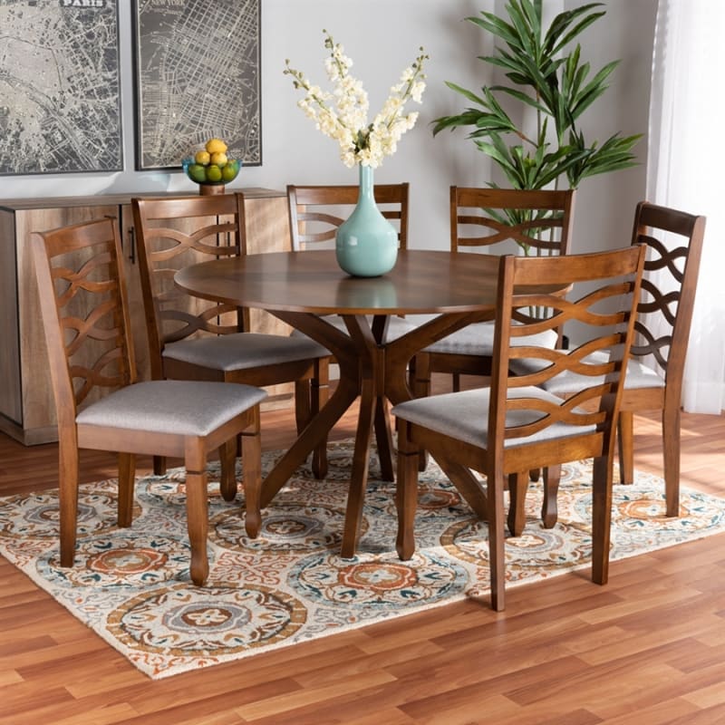 Mila 7 Piece Round Table Dining Room Set in Grey Fabric and Walnut ...