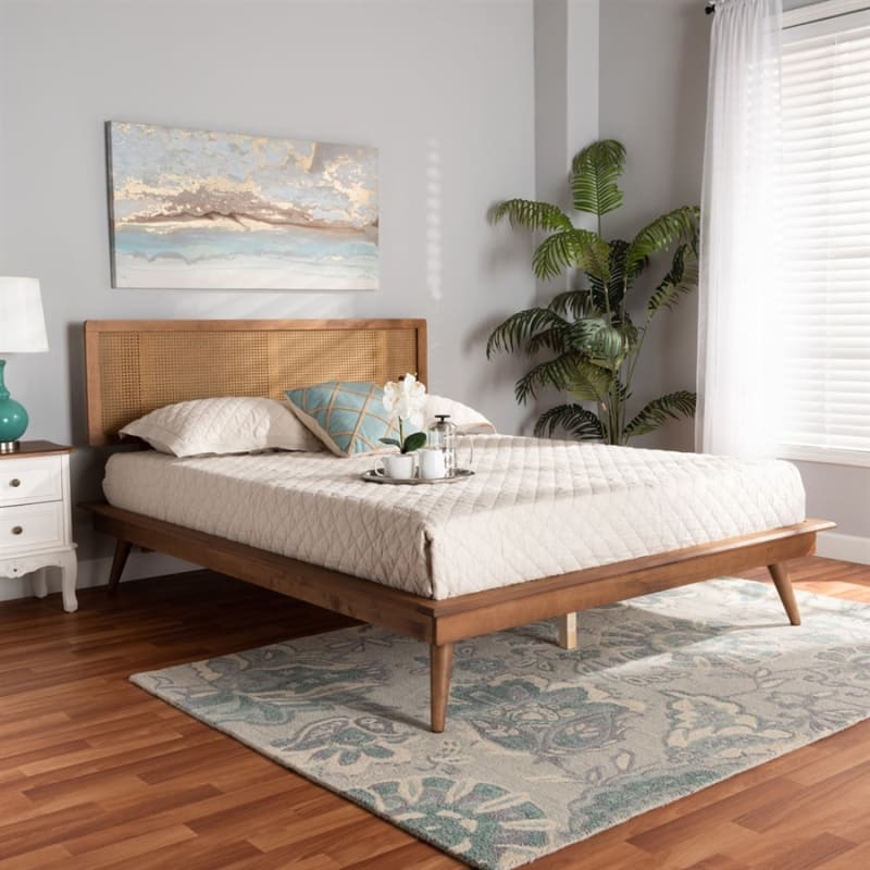 Nura Platform Bed in Walnut Brown and Synthetic Rattan Finish by Baxton ...