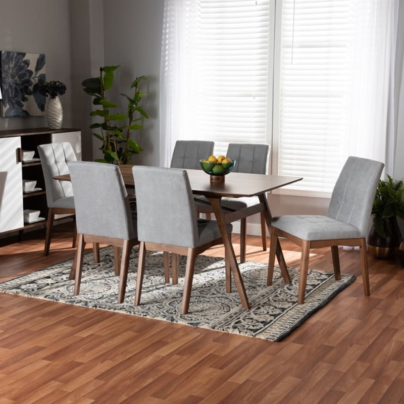 Tara 7 Piece Dining Room Set in Light Grey Fabric and Walnut Brown ...