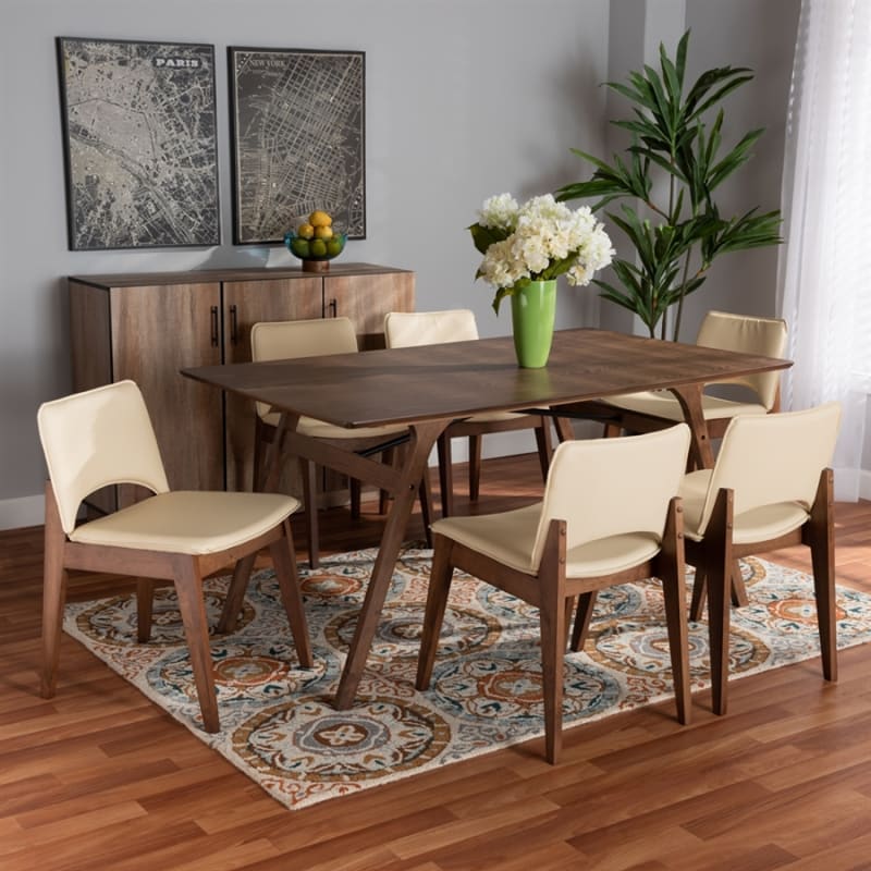 Afton 7 Piece Dining Room Set in Beige Faux Leather and Walnut Brown ...