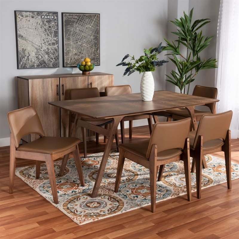 Afton 7 Piece Dining Room Set in Brown Faux Leather and Walnut Brown ...