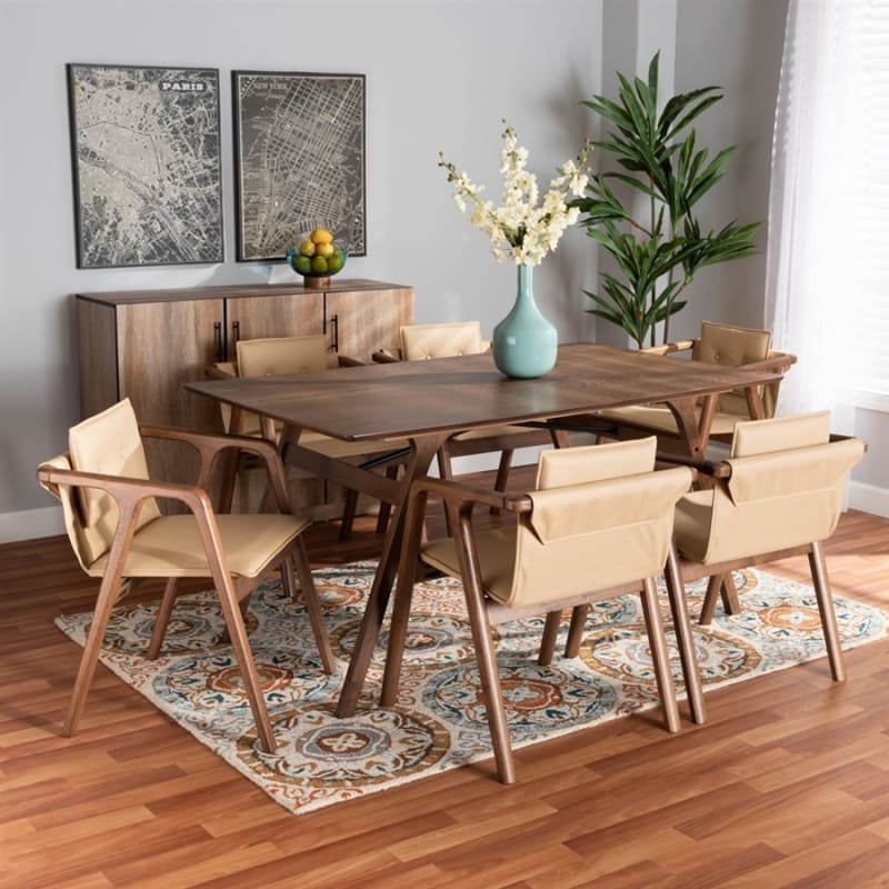 Marcena 7 Piece Dining Room Set in Beige Imitation Leather and Walnut ...