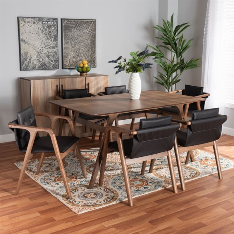 Marcena 7 Piece Dining Room Set in Black Imitation Leather and Walnut ...