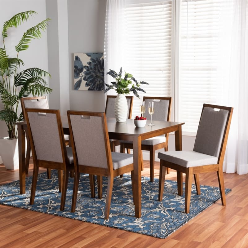 Rosa 7 Piece Dining Room Set in Grey Fabric and Walnut Brown Finish by ...