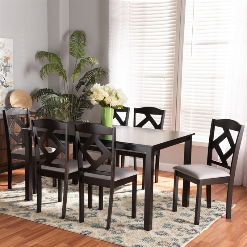 Ruth 7 Piece Dining Room Set in Grey Fabric and Dark Brown Finish by ...