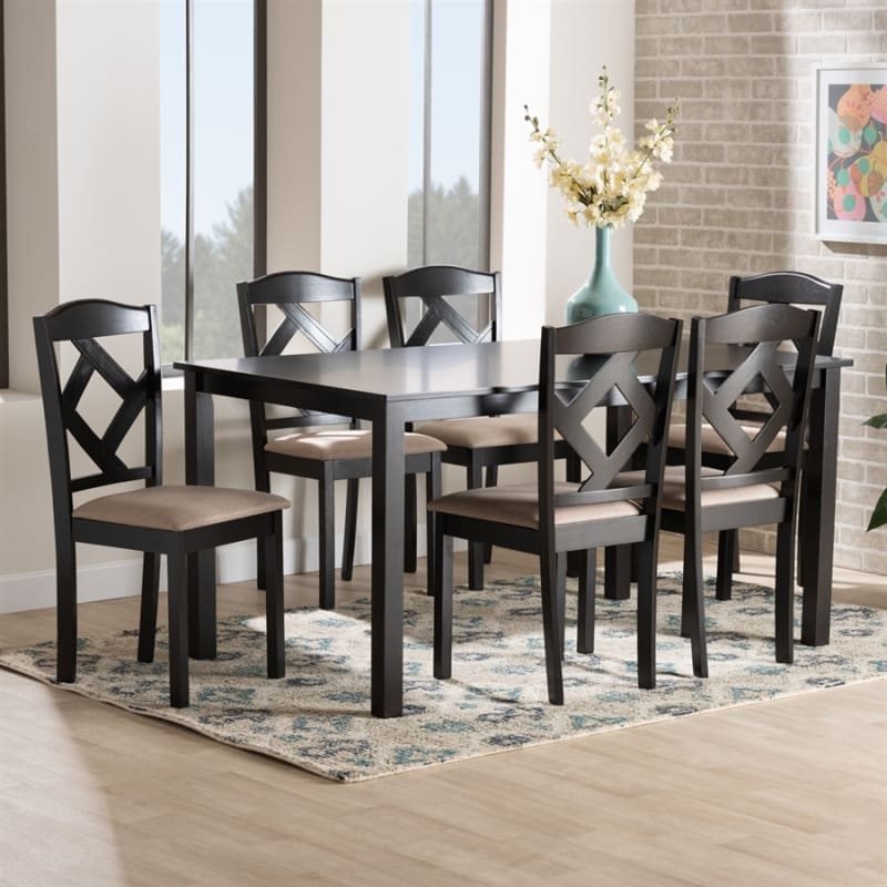 Ruth 7 Piece Dining Room Set in Sand Fabric and Dark Brown Finish by ...