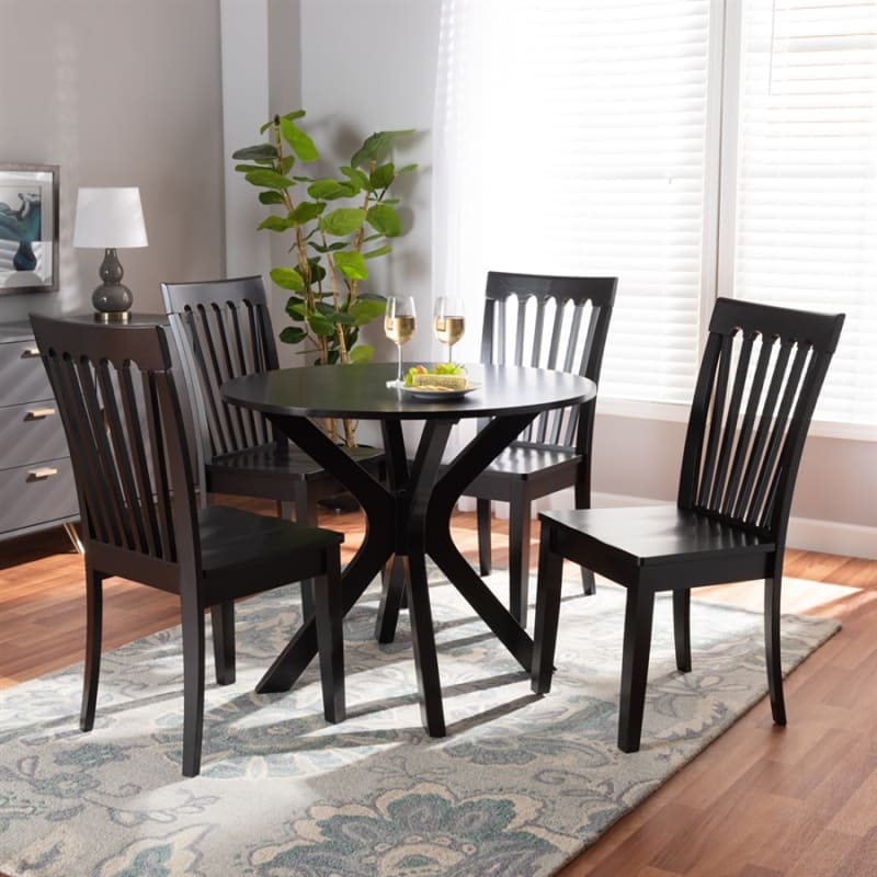 Zora 5 Piece Round Table Dining Room Set in Dark Brown Finish by Baxton ...