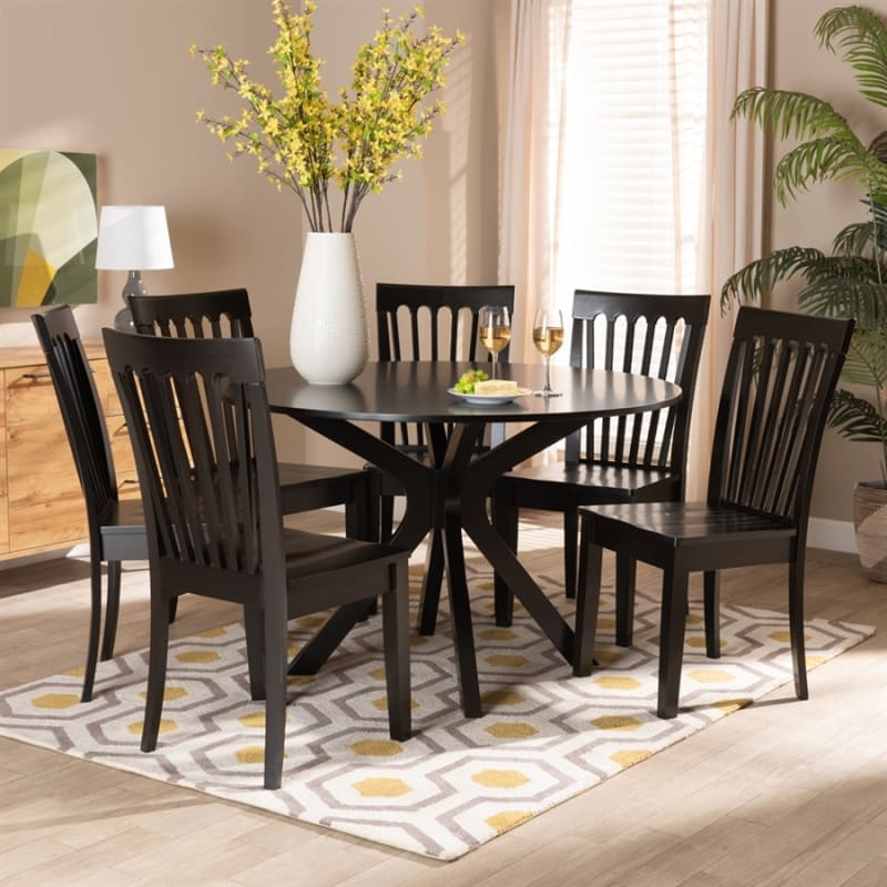 Zora 7 Piece Round Table Dining Room Set in Dark Brown Finish by Baxton ...