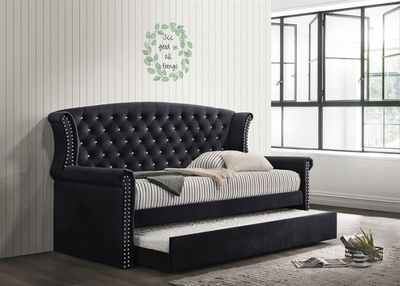 Scarlett Twin Daybed with Trundle in Black Velvet Fabric by Coaster ...