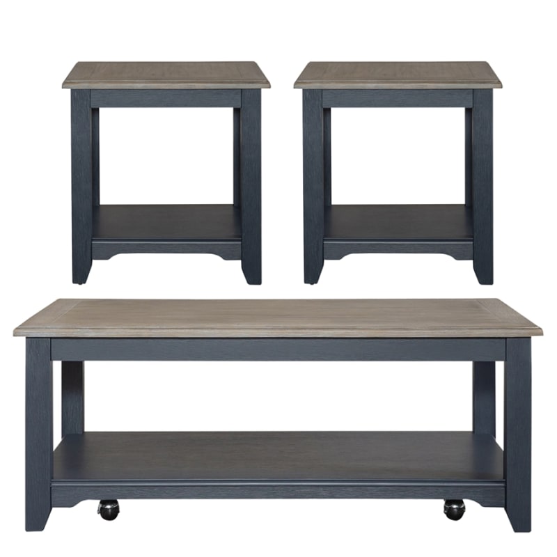 Summerville 3 Piece Rectangular Cocktail Table Set in Navy w/ Wirebrushed Gray Top Finish by ...