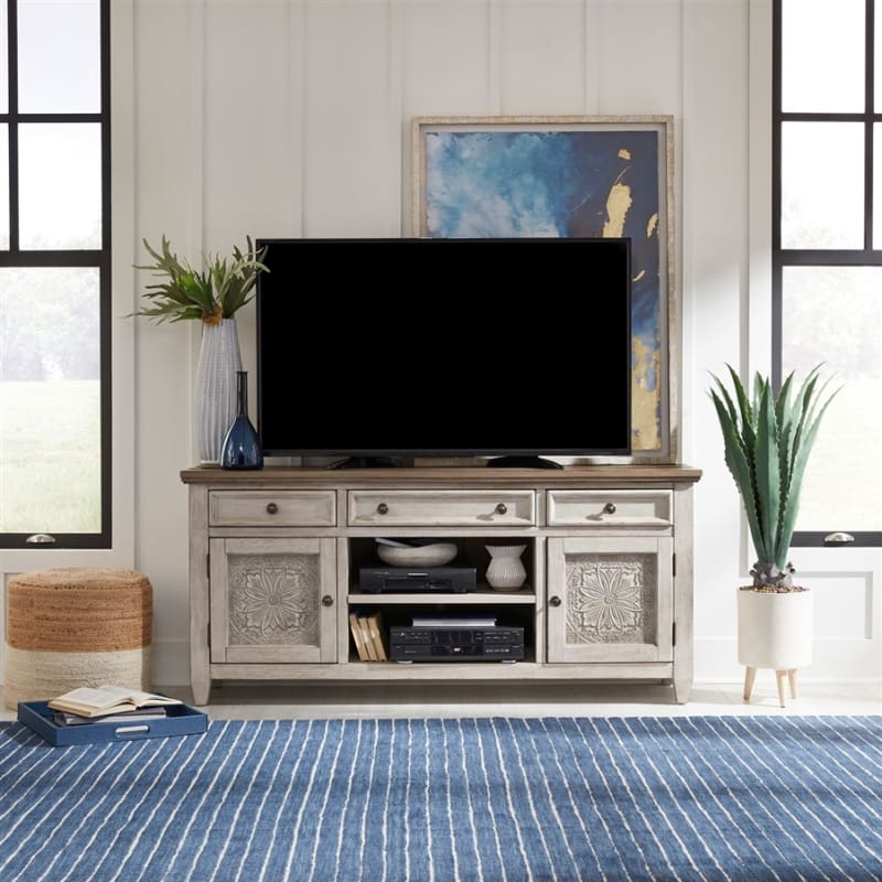Heartland 66 Inch Tile TV Console in Antique White w/ Tobacco Top ...