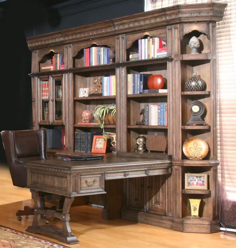 Aria 7 Piece Desk Bookcase Library Wall in Antique Vintage Smoked Pecan ...