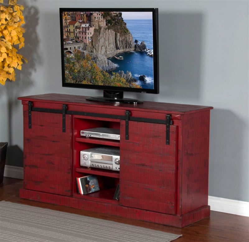 65 Inch TV Console w/ Barn Door in Burnt Red Finish by Sunny Designs ...