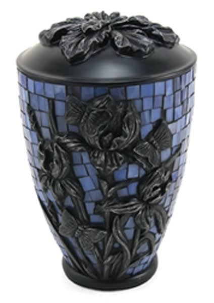mosaic glass and resin iris cremation urn